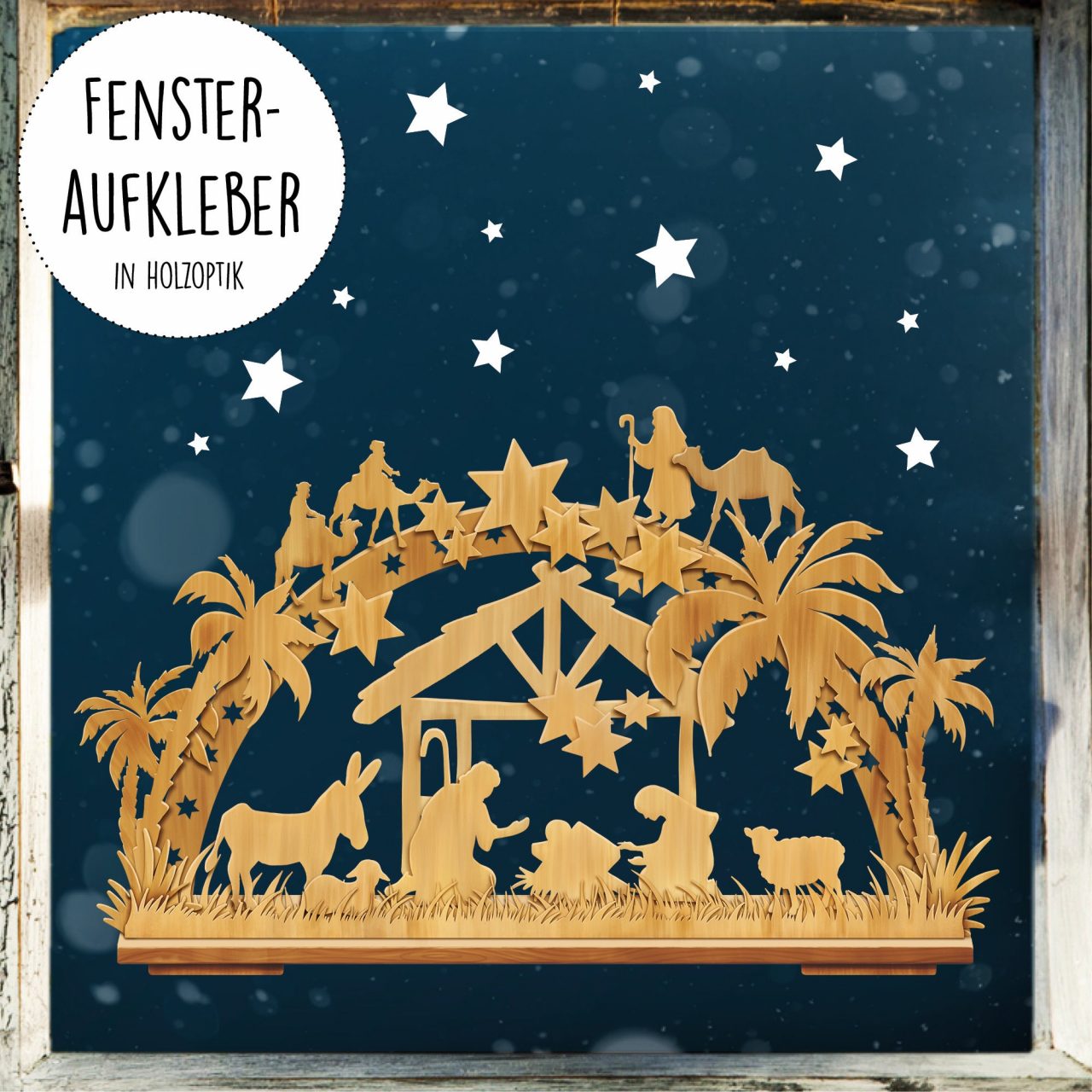 Fensterbild Weihnachten Weihnachtskrippe Krippe in Holzoptik Sterne ...