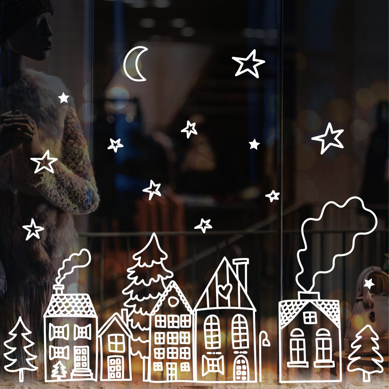 Wiederverwendbares Fensterbild Weihnachten Winterstadt Skyline ...