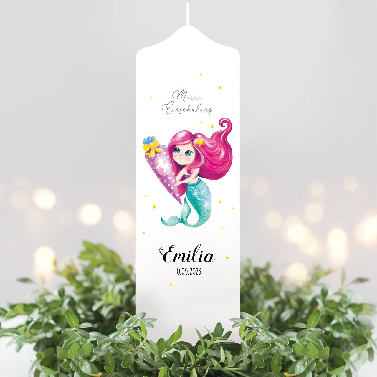 Kerze zur Einschulung für Mädchen mit Meerjungfrau und Schultüte, personalisiert mit Namen und ...