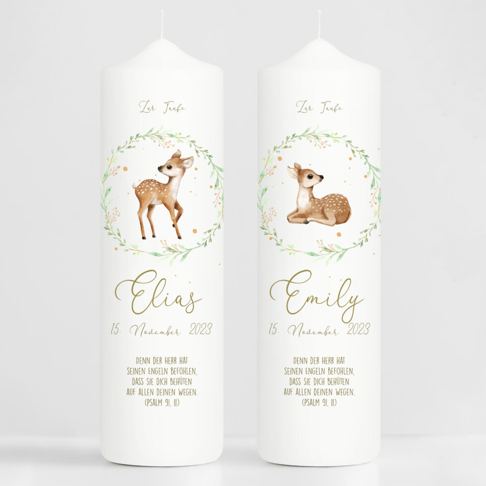 Taufkerze für Zwillinge Kerze zur Taufe oder Geburt mit Rehkitz im Kranz aus Gräsern mit Namen ...