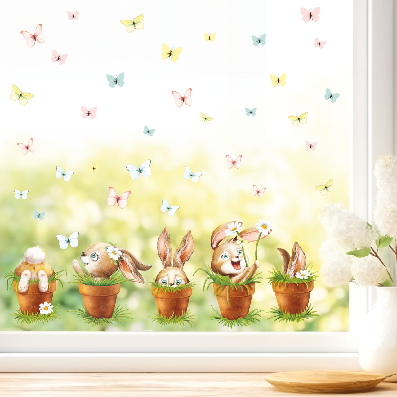 Fensterbild Frühling Ostern 5 Hasen im Blumentopf mit Schmetterlingen Fensterdeko Kinderzimmer ...