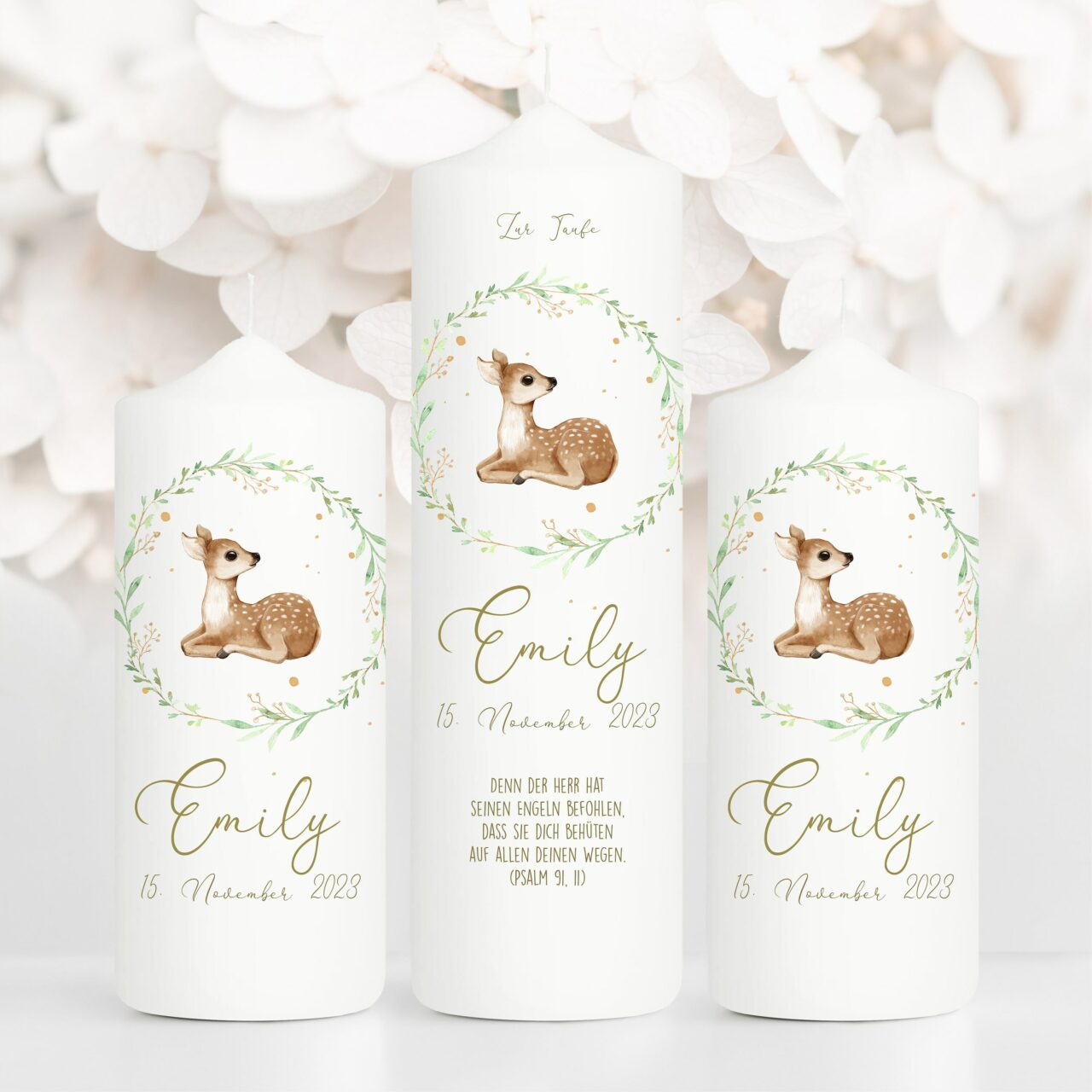 Taufkerze für Zwillinge Kerze zur Taufe oder Geburt mit Rehkitz im Kranz aus Gräsern mit Namen ...