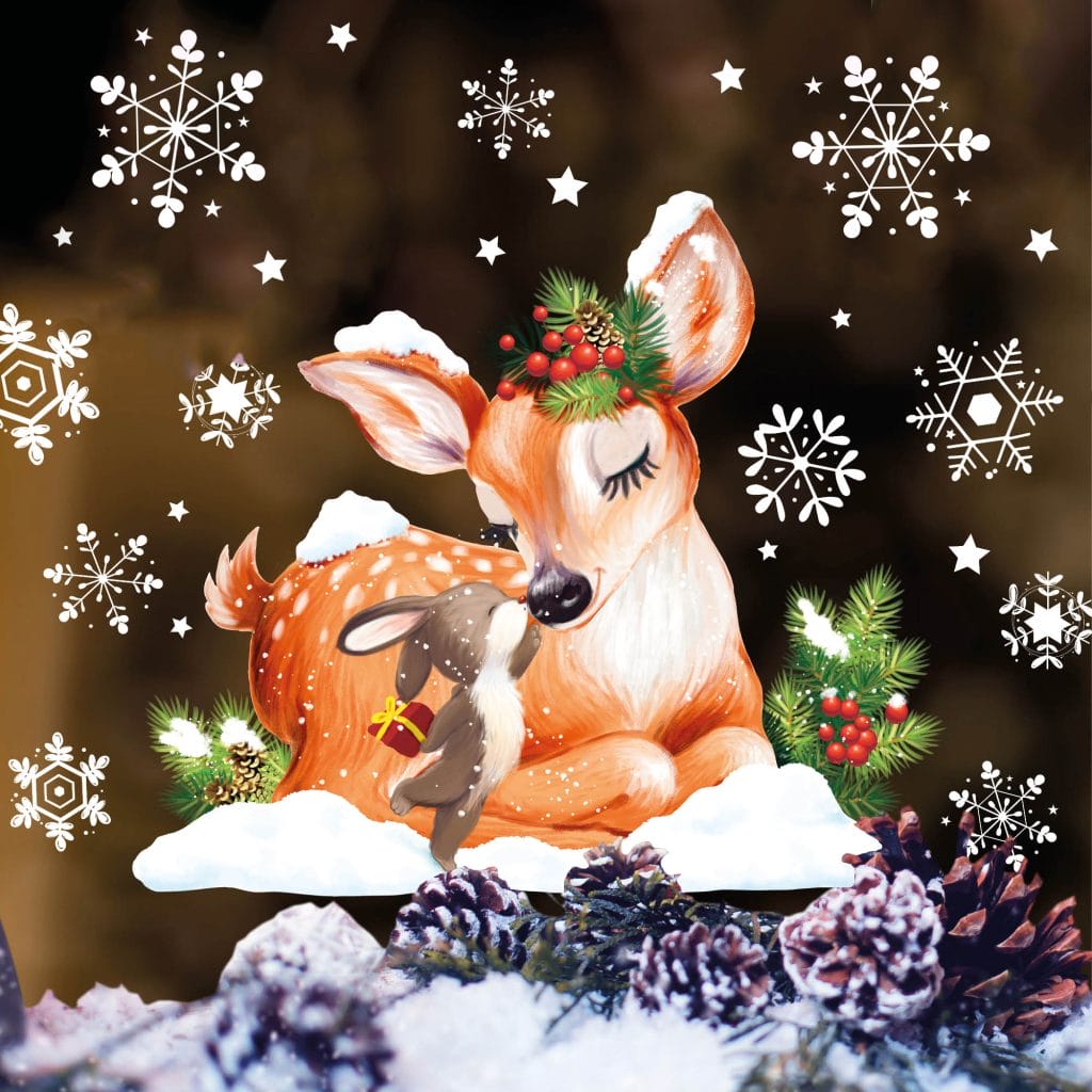 Fensterbild Weihnachten Winter Reh mit Häschen mit Schneeflocken ...