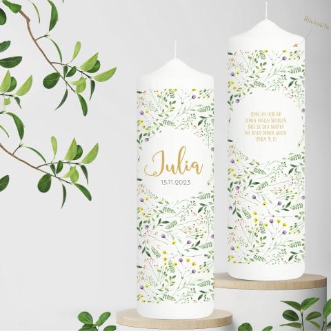 Weiße Taufkerze Kerze zur Taufe oder Geburt beidseitig bedruckt mit Wildblumen und Wildgräsern ...