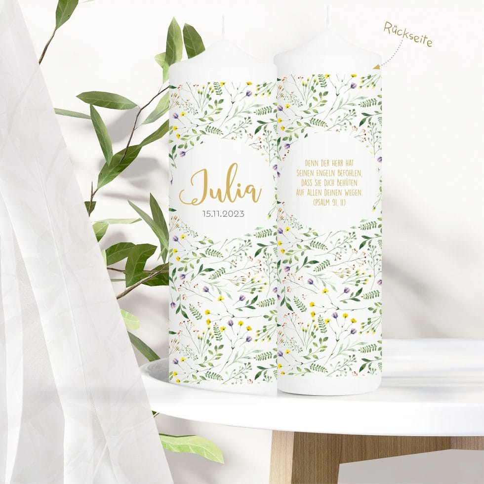 Weiße Taufkerze Kerze zur Taufe oder Geburt beidseitig bedruckt mit Wildblumen und Wildgräsern ...
