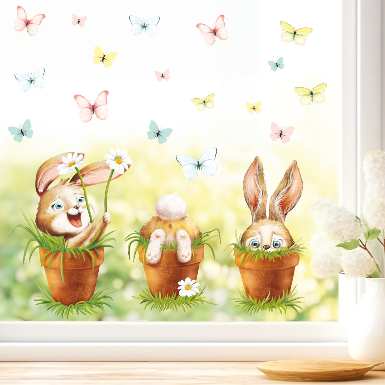 Fensterbild Frühling Ostern 3 Hasen im Blumentopf mit Schmetterlingen Fensterdeko Kinderzimmer ...