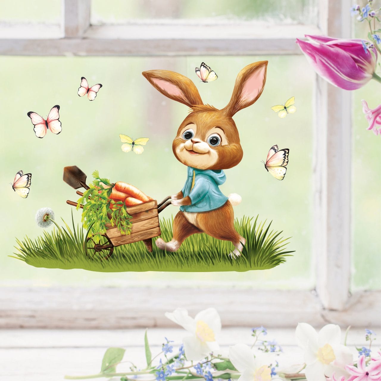 Fensterbild Frühling Ostern Hase mit Schubkarre Möhren Schmetterlingen Fensterdeko Kinderzimmer ...