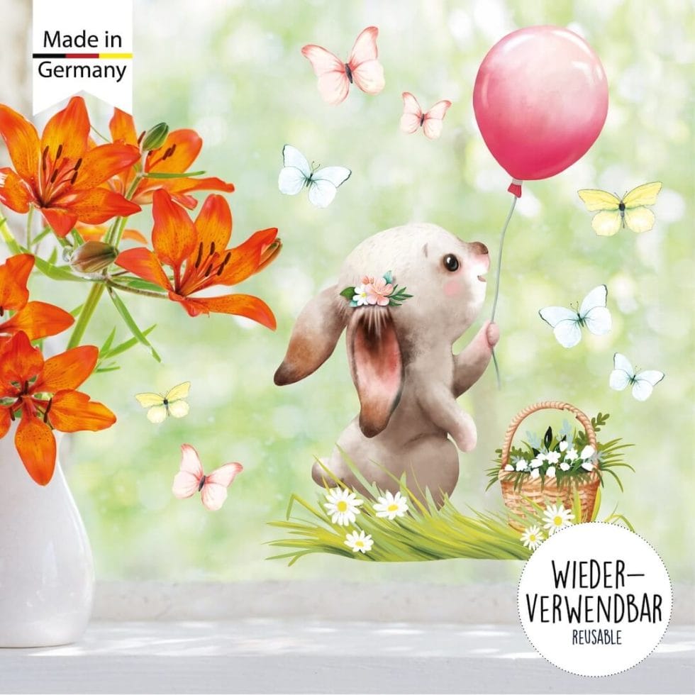 Fensterbild Frühling Ostern Hase Luftballon mit Schmetterlingen Fensterdeko Kinderzimmer Kind ...