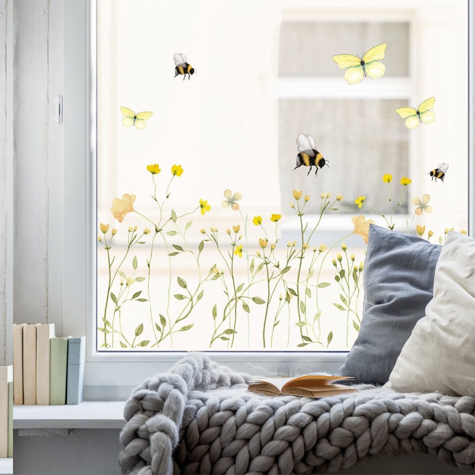 Fensterbild gelbe Wildblumenwiese Frühling Wildgras Gräser Blumenwiese mit Hummeln ...