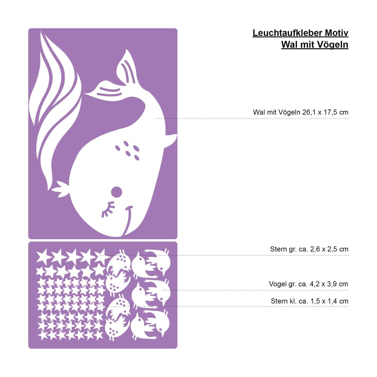 Leuchtaufkleber Kinderzimmer Wal mit Vögeln und Sternen Leuchtsterne ...