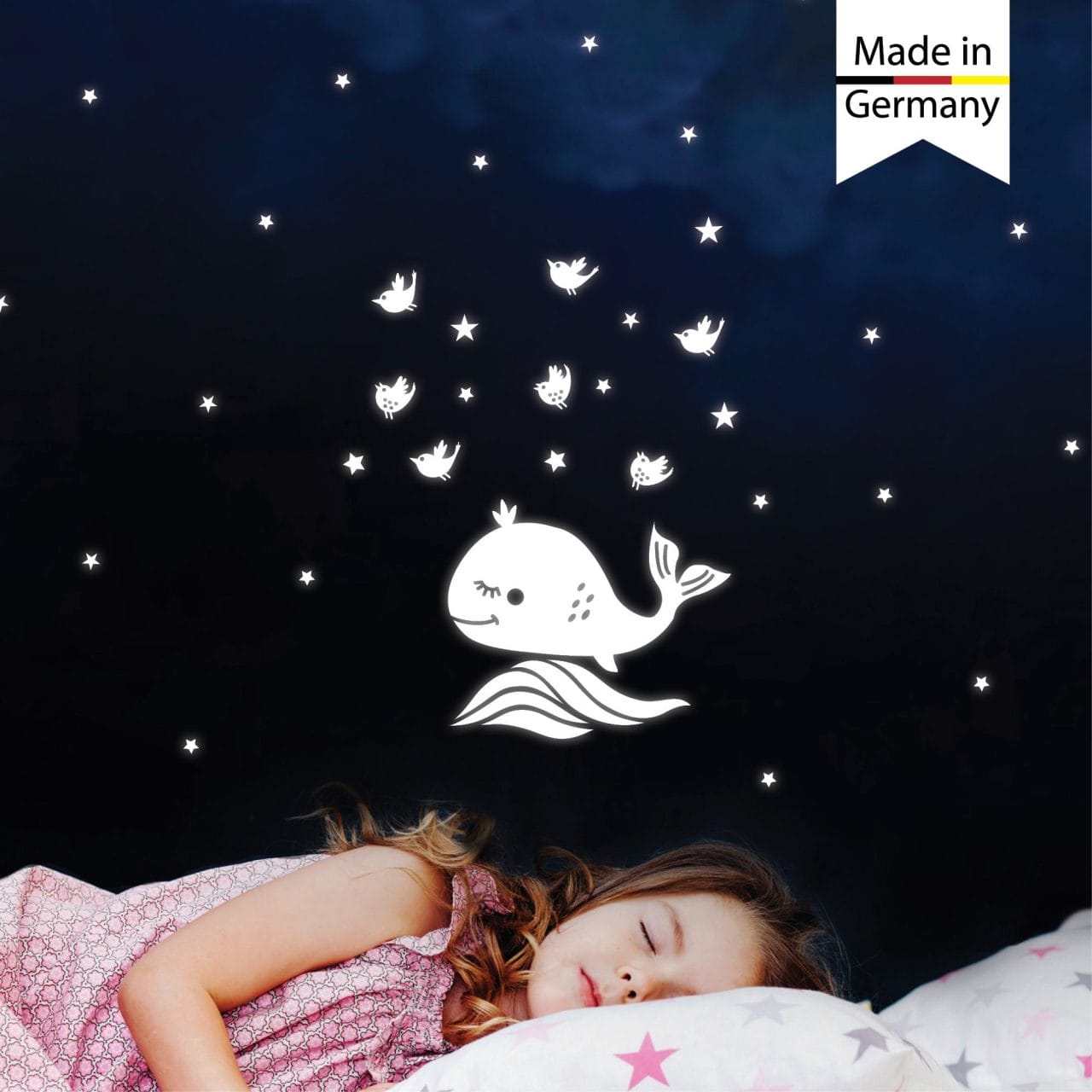 Leuchtaufkleber Kinderzimmer Wal mit Vögeln und Sternen Leuchtsterne ...