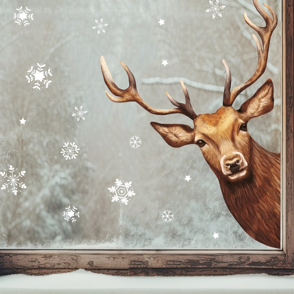 Fensterbild reinschauender Hirsch Rotwild Wild Schneeflocken Winter ...